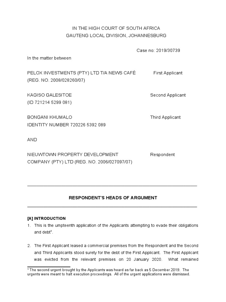 Respondent'S Heads of Argument: (A) Introduction | PDF | Default ...