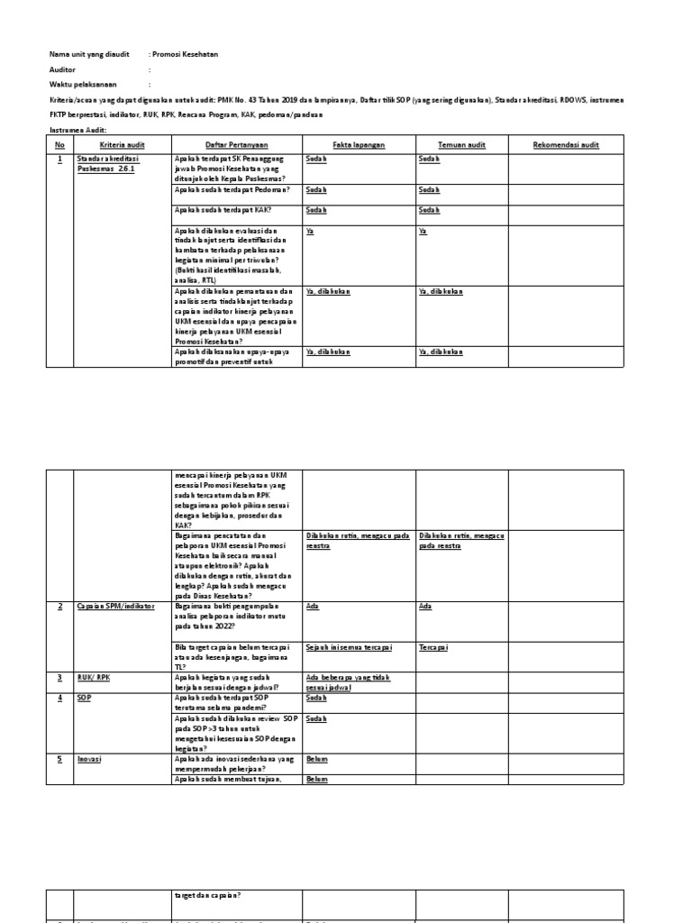 Instrumen Audit Promosi Kesehatan 2022 | PDF