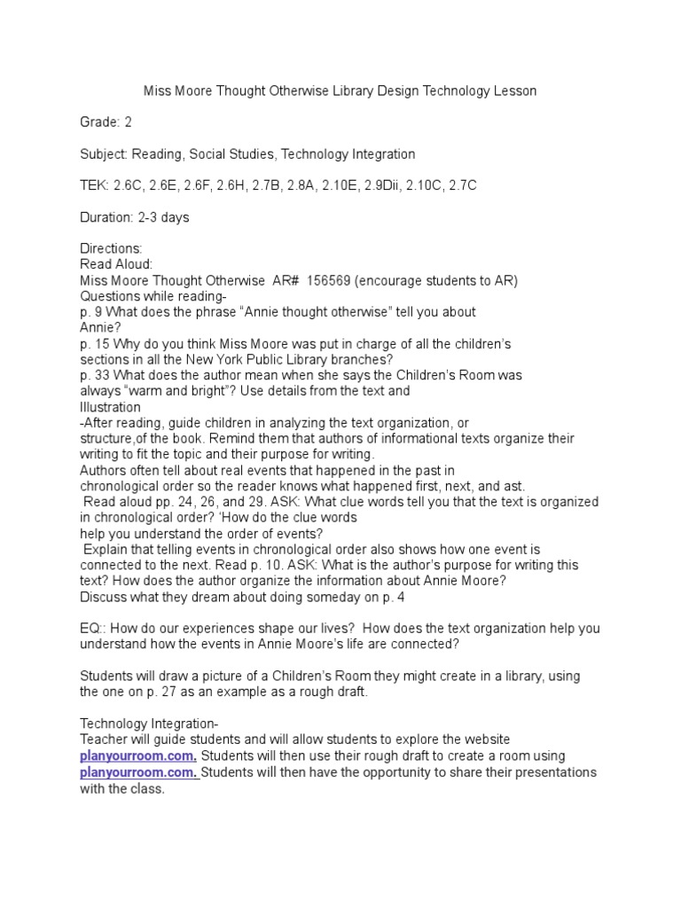 Miss Moore Thought Otherwise - Tech Lesson | PDF