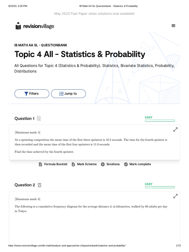 IB Math AA SL Questionbank - Statistics & Probability | PDF ...