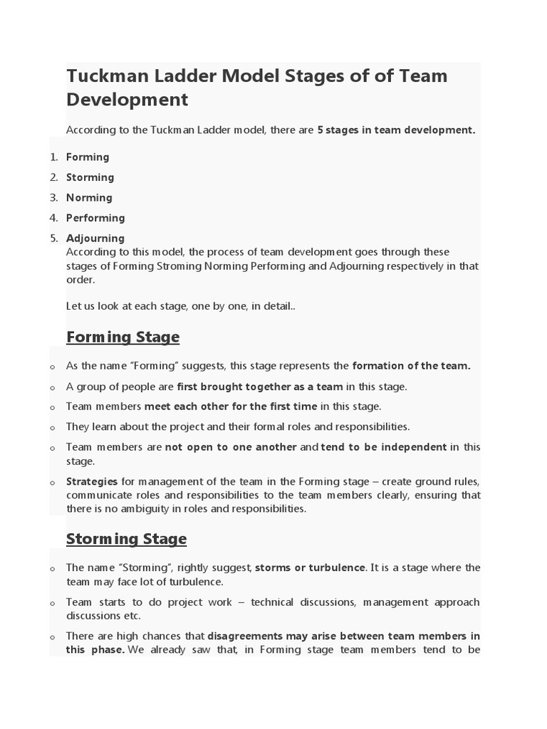 Tuckman Ladder Model Stages of of Team Development | PDF | Leadership | Organizational Behavior