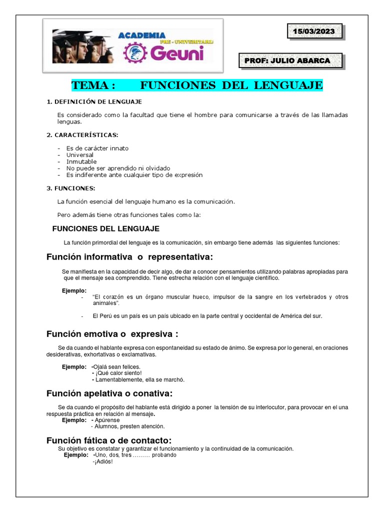Tema: Funciones Del Lenguaje: Función Informativa o Representativa ...