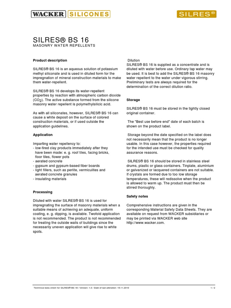 Silres® Bs 16: Product Description | PDF | Water | Concrete