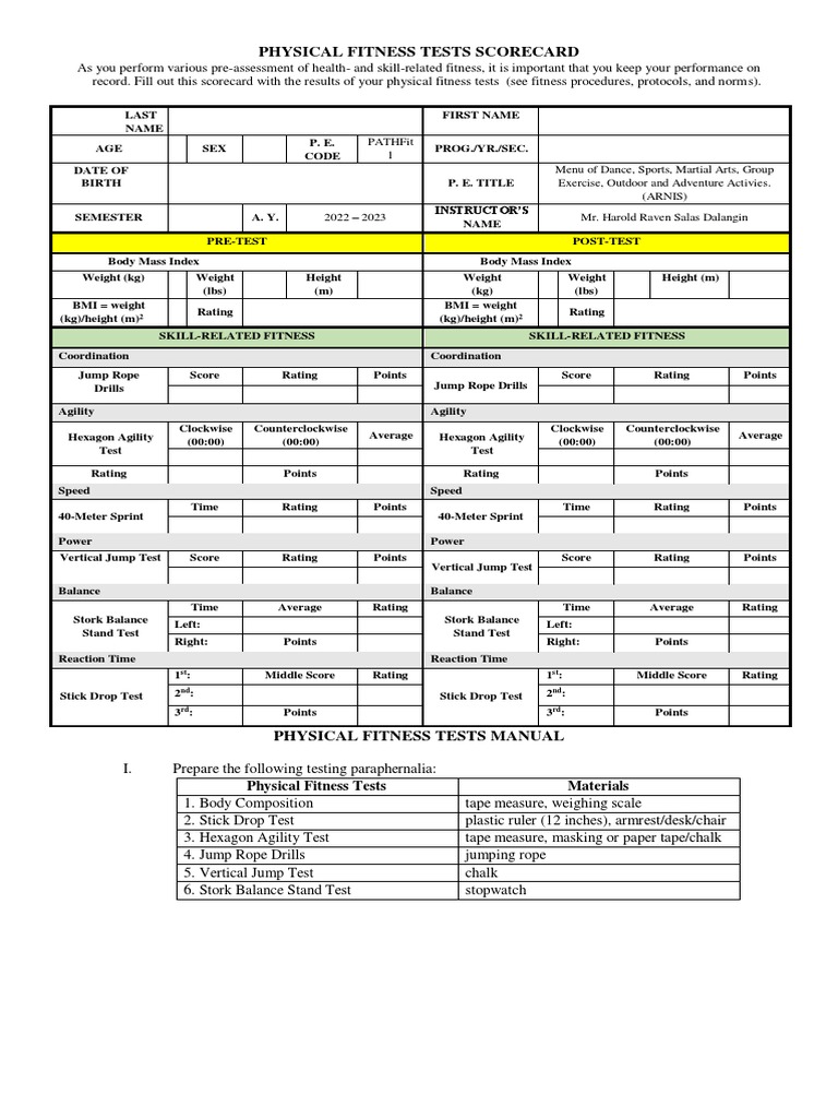 Physical Fitness Test Score Card SKILL RELATED FIT | Download Free PDF ...