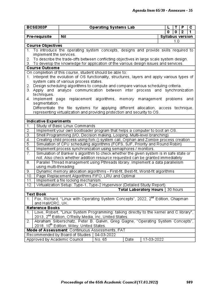Bcse303p Operating Systems Lab Lo 1 0 67 Bcse303p Pdf Operating System Scheduling Computing