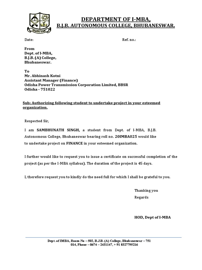 Authorisation Letter Format Project - BJB | PDF