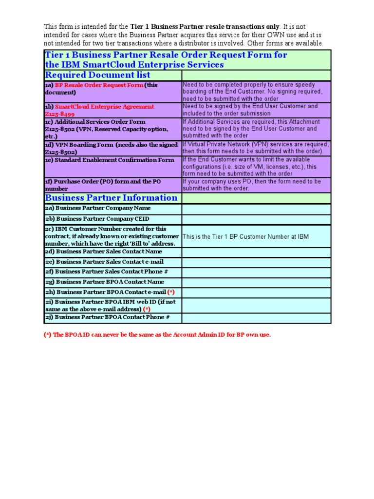 Smart Cloud Enterprise Tier 1 BP Resale Order Request Form | Download ...