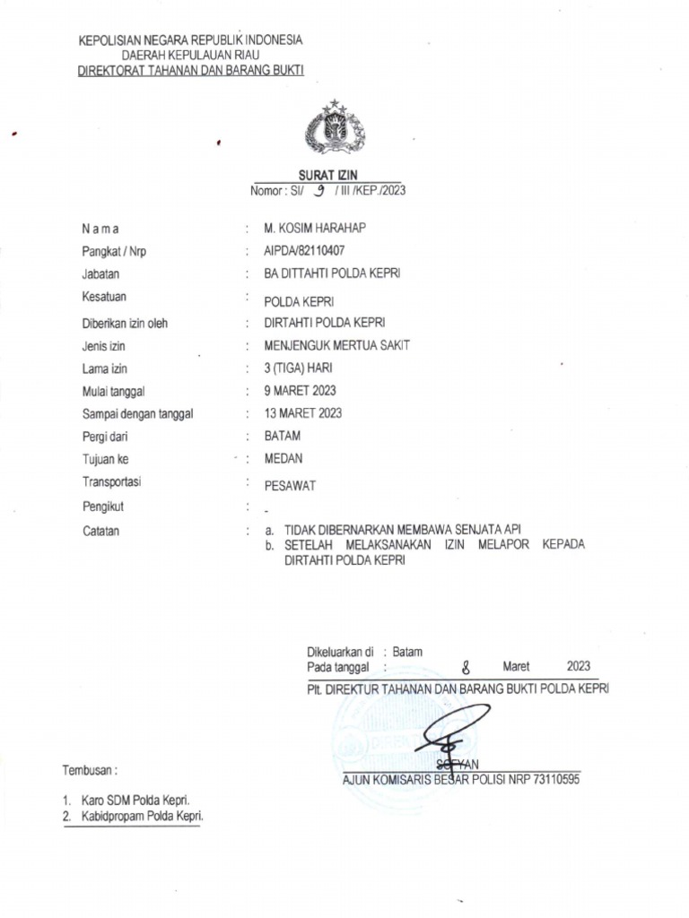 Surat Izin Aipda M. Kosim Harahap | PDF