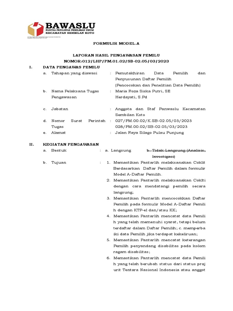 Formulir Model.A Laporan Hasil Pengawasan Pemilu NOMOR:012/LHP/PM.01.02 ...