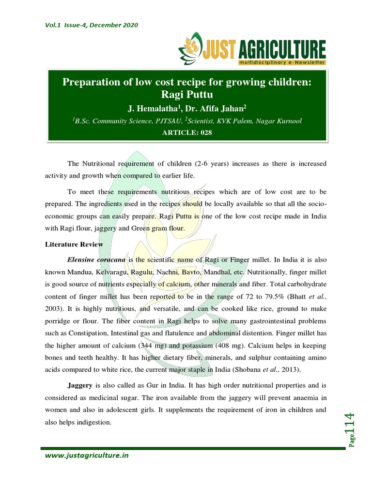 Preparation of Low Cost Recipe For Growing Children Ragi Puttu | PDF | Nutrition | Diet & Nutrition