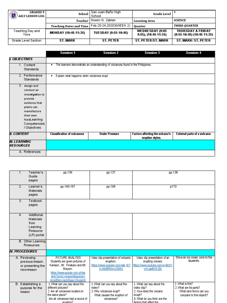 Grades 9 Science Daily Lesson Log | PDF | Volcano | Learning