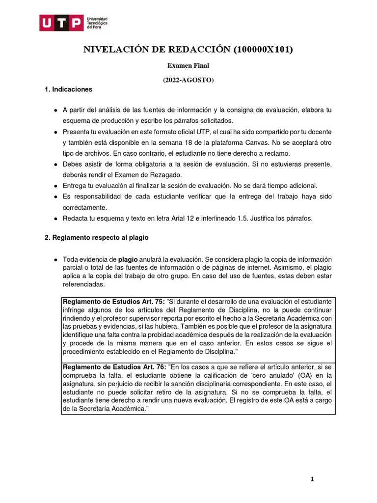 EXAMEN FINAL (Formato Oficial UTP) 2022 | PDF | Ortografía | Información