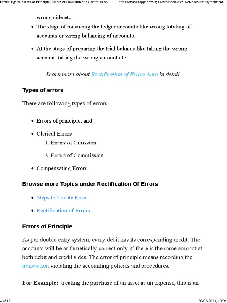 Errors Types Errors Of Principle Errors Of Omission And Commission Pdf Debits And Credits 