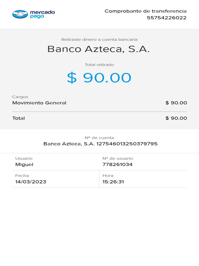 Banco Azteca, S.A.: Comprobante de Transferencia 55754226022 | PDF