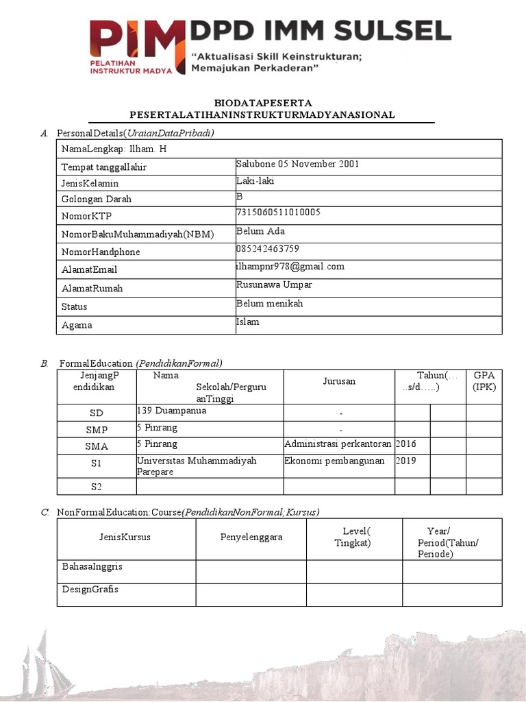 Biodata Ilham H: Peserta Pelatihan Instruktur | PDF