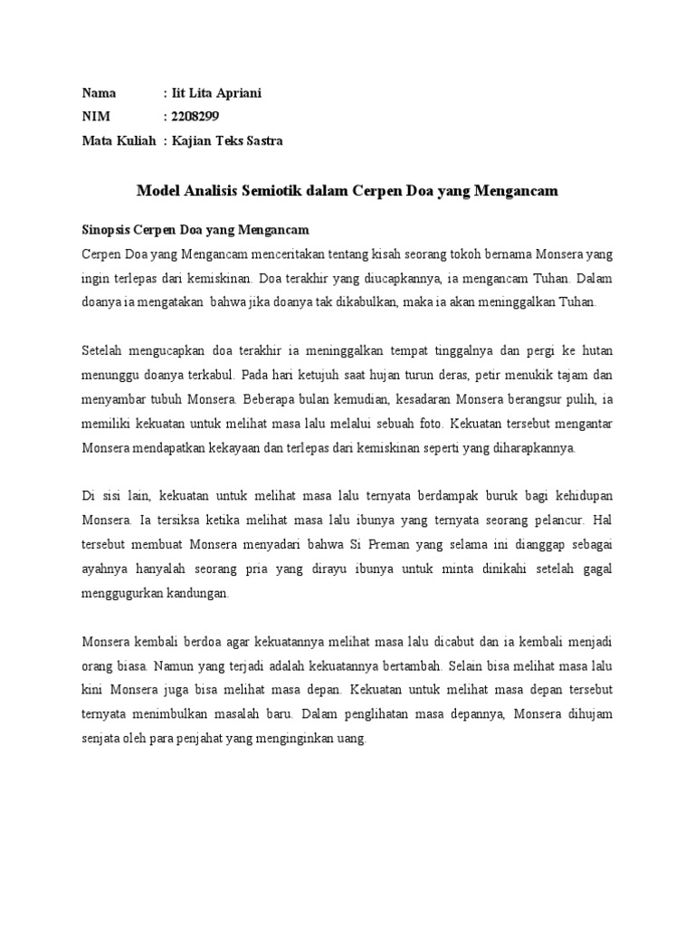 Analisis Semiotik Cerpen Doa Yang Mengancam | PDF