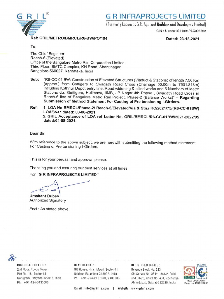 TIGR PO BMRCL R6 00194 Regarding Submission of Method Statement For ...