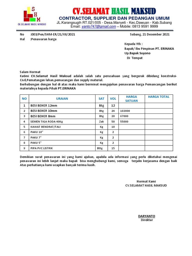 Surat Penawaran Harga No.003 Material | PDF