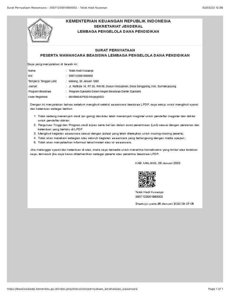 Surat Pernyataan Wawancara - 3507123001880002 - Tatok Hadi Kuswoyo | PDF