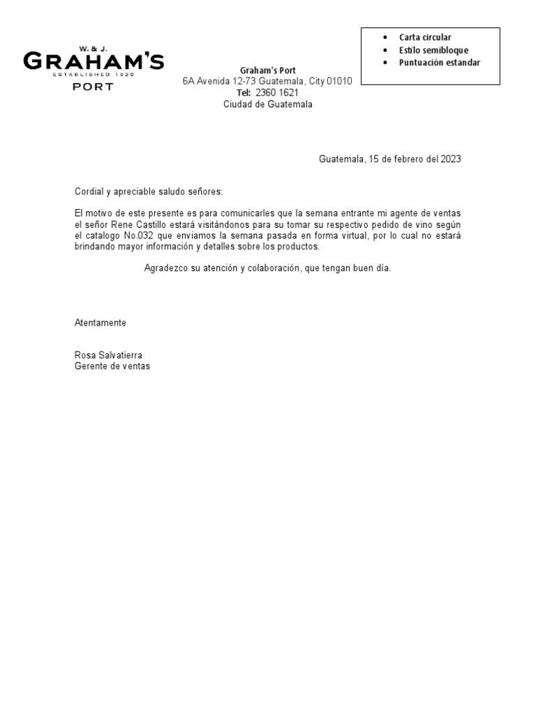 6A Avenida 12-73 Guatemala, City 01010: Carta Circular Estilo Semibloque Puntuación Estandar | PDF