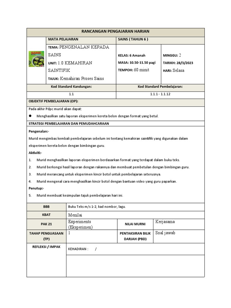 Pengenalan Kepada Sains 1.0 Kemahiran Saintifik Kemahiran Proses Sains 60 Minit 2 Selasa | PDF