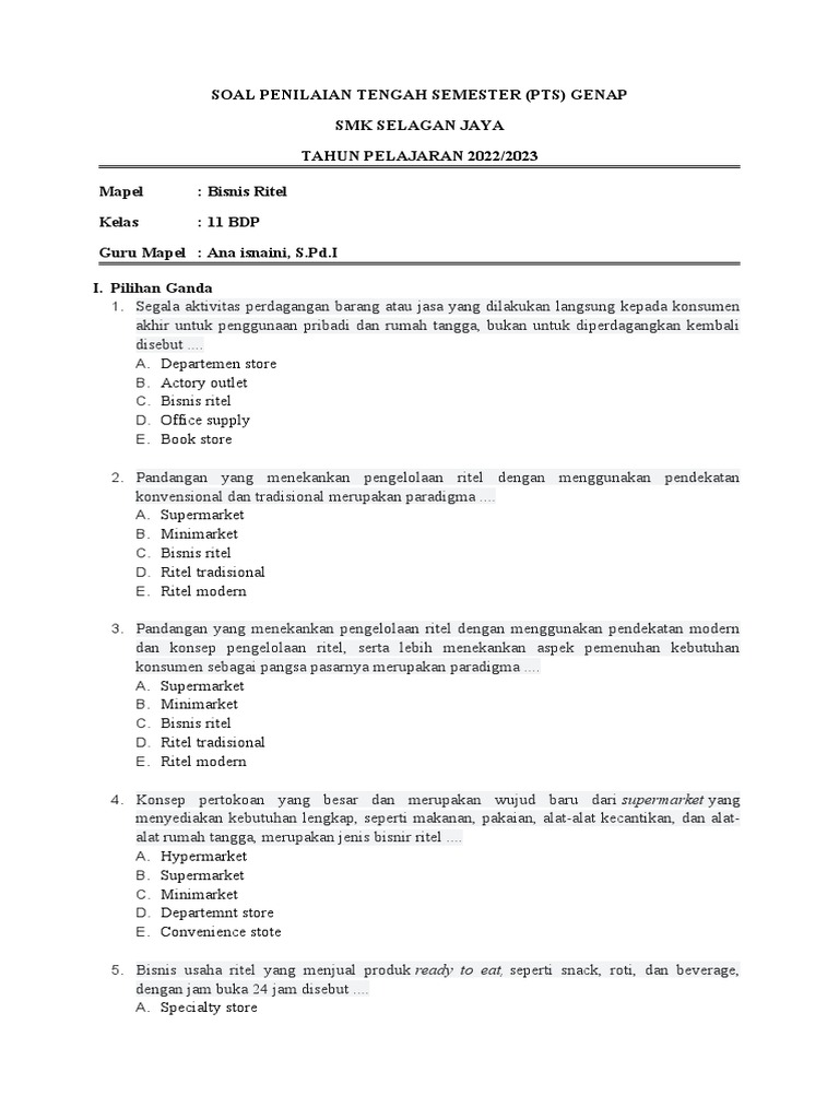 Soal PTS Bisnis Ritel 11 BDP | PDF