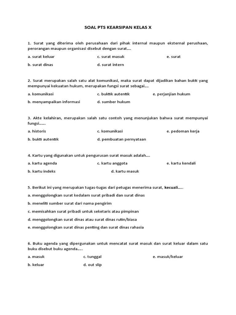 Soal PTS Kearsipan Kelas X | PDF