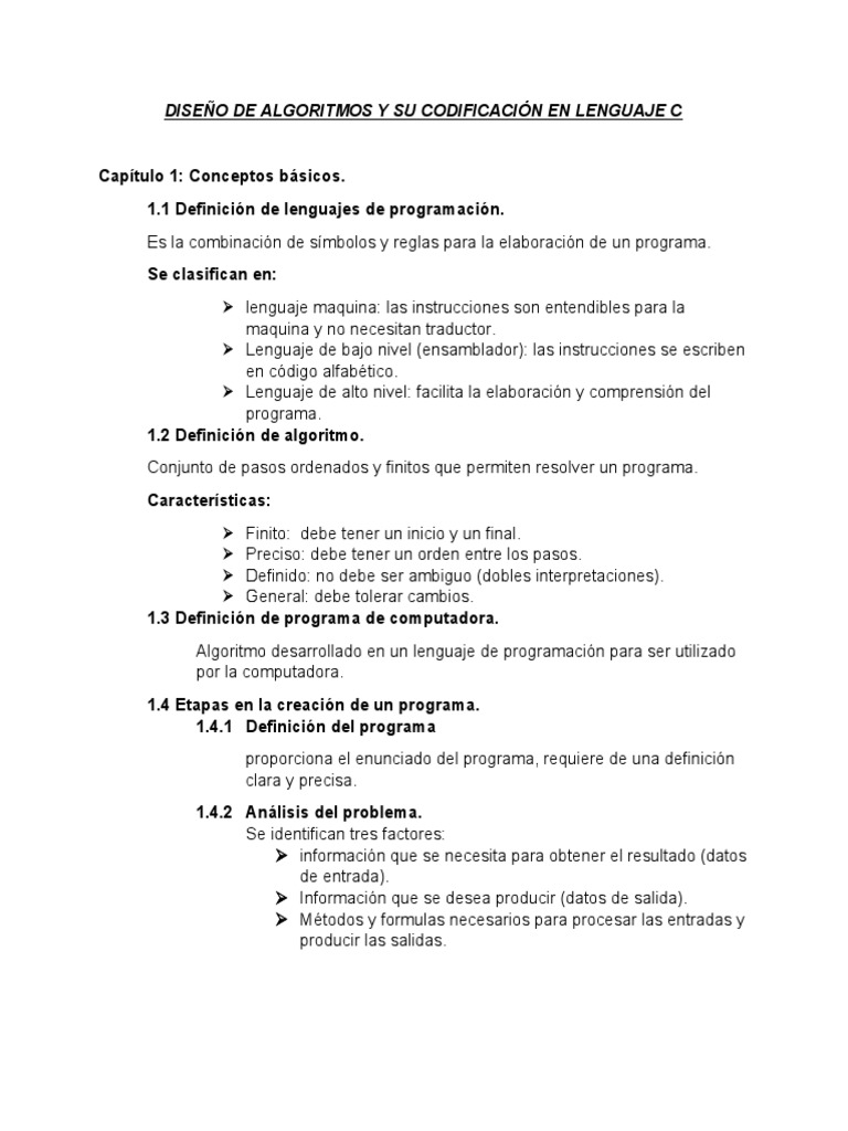 Diseño de Algoritmos y Su Codificación en Lenguaje C - Resumen - Cap1y2 ... Diseño de Algoritmos y Su Codificación en Lenguaje C - Resumen - Cap1y2 ...