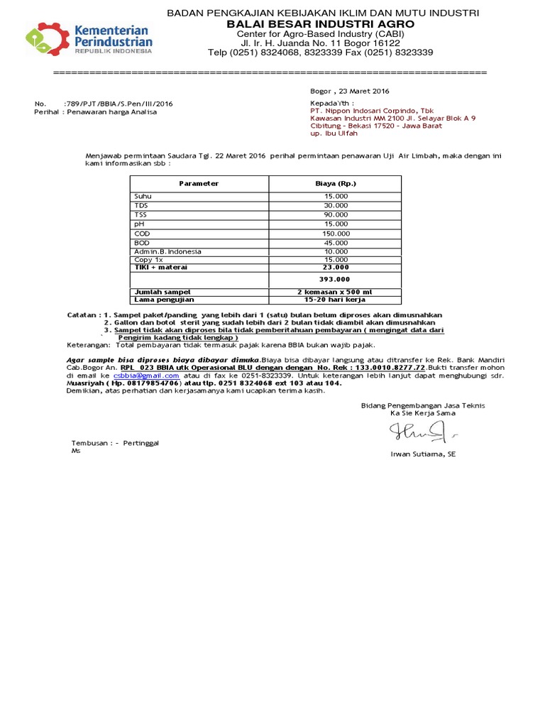 Penawaran Uji Air Limbah PT Nippon Indosari, Cibitung 23-3-16 | PDF