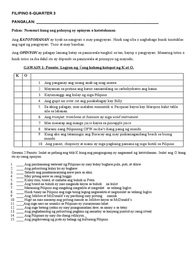 FILIPINO 6 - Katotohanan o Opinyon | PDF