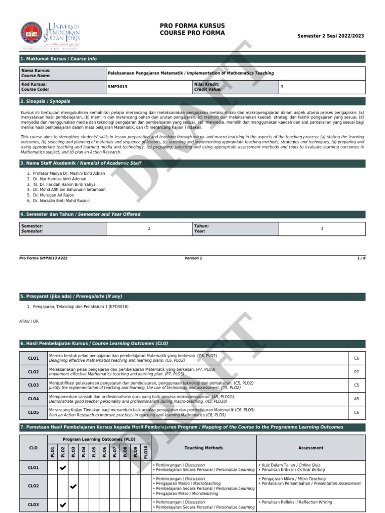 A222 - SMP3013 Draft Proforma | PDF