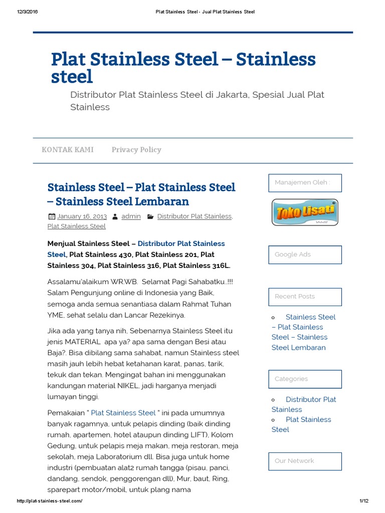 Harga dan Jual Plat Stainless Steel | PDF