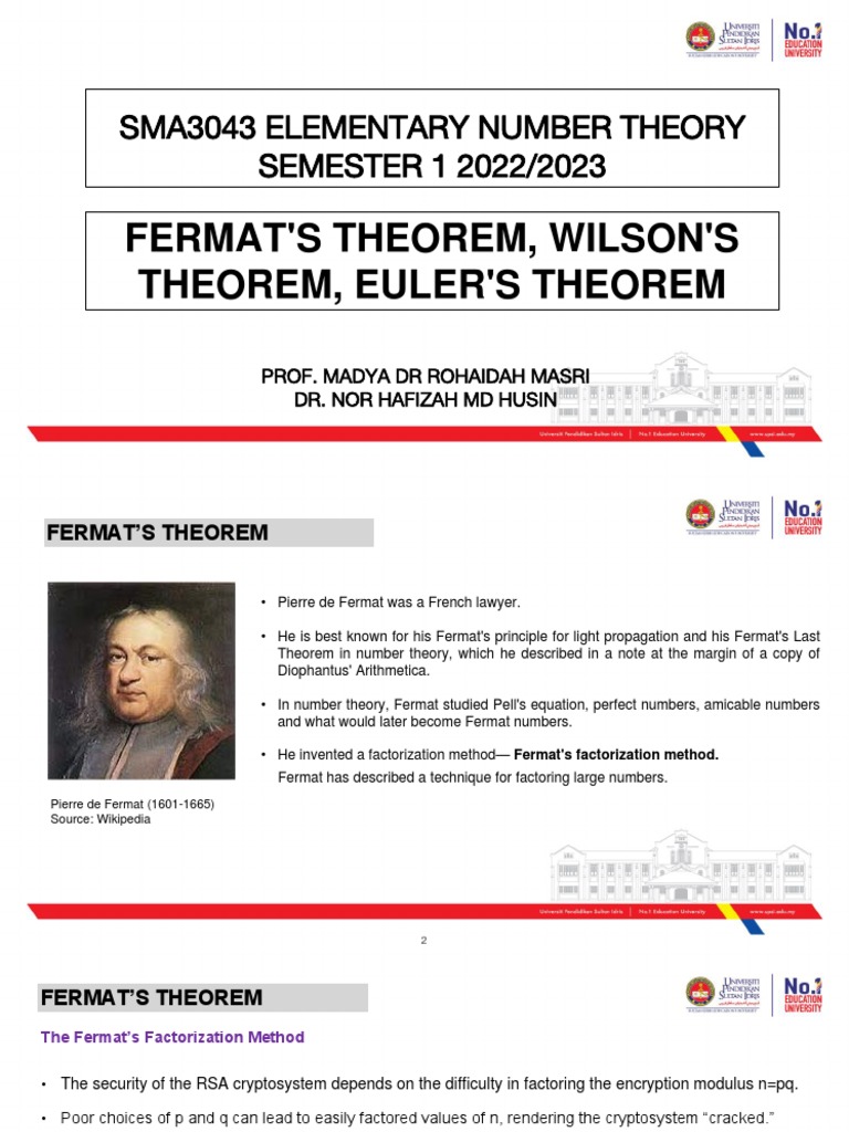 Fermat and Wilson Theorems Overview | PDF | Number Theory | Factorization