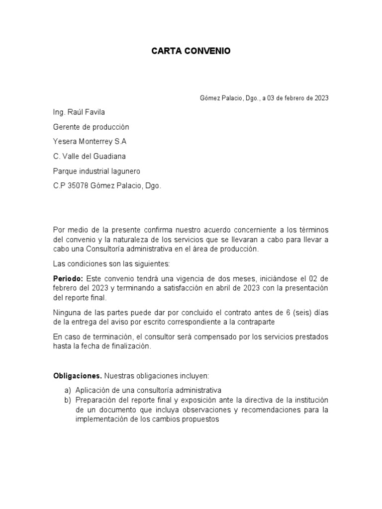 Carta Convenio | PDF