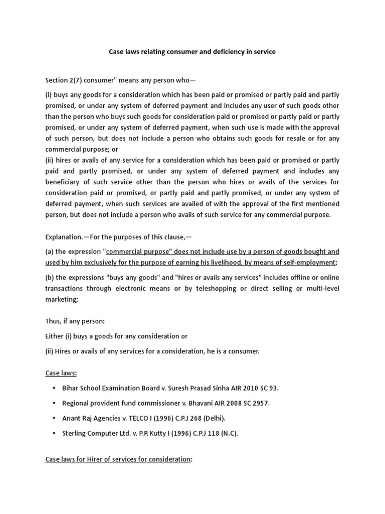Case Laws Relating Consumer and Deficiency in Service | PDF | Service ...