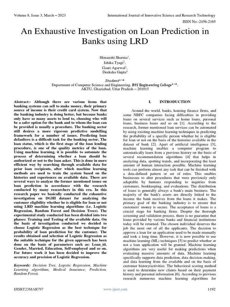An Exhaustive Investigation On Loan Prediction in Banks Using LRD | PDF | Machine Learning ...