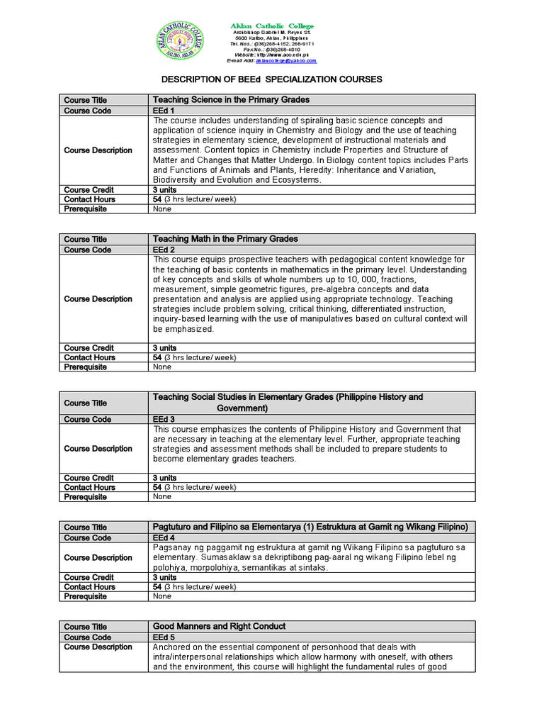 BEEd Specialization Course Overview | PDF | Pedagogy | Learning