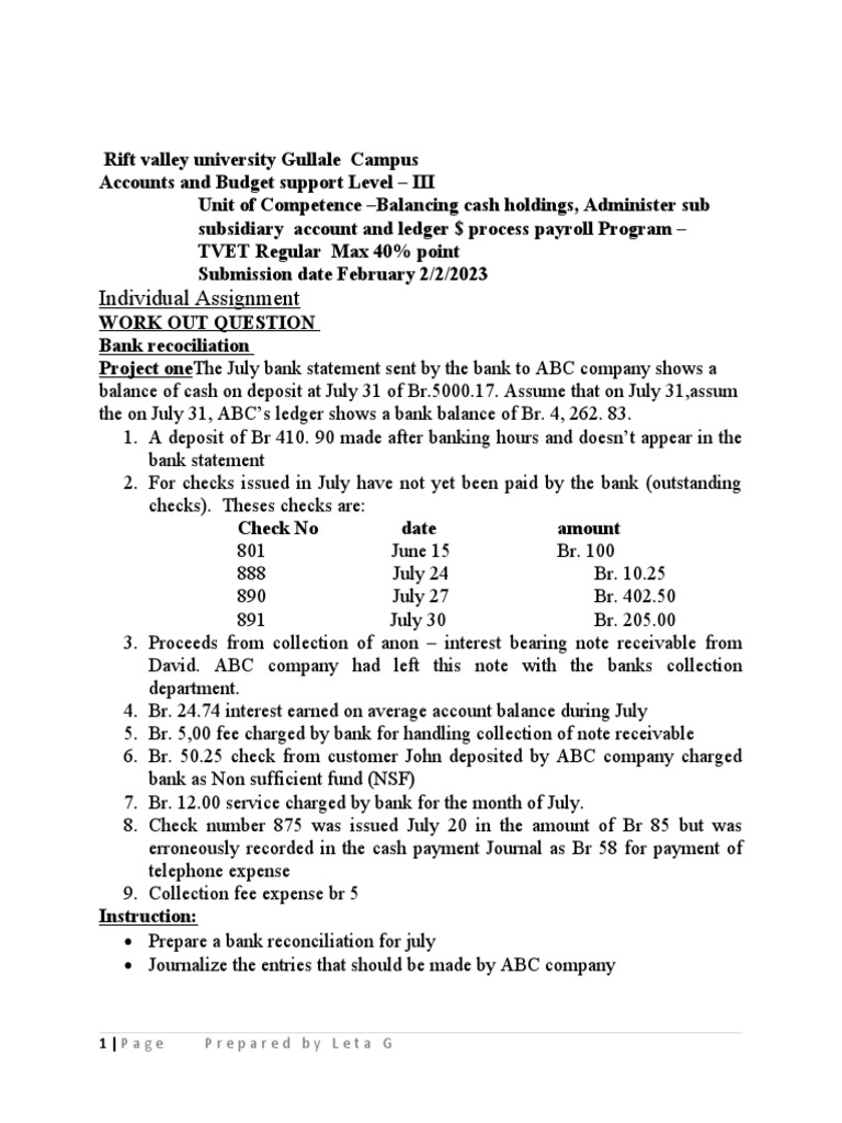 Assignment Bank Reconciliation and Payroll New 1 | PDF | Payroll Tax ...