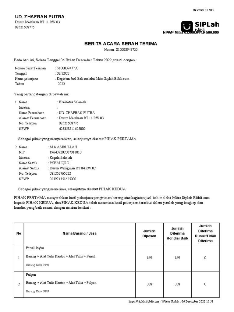 Ud. Zhafran Putra: NPWP Mitra 03.000.644.9-506.000 | PDF