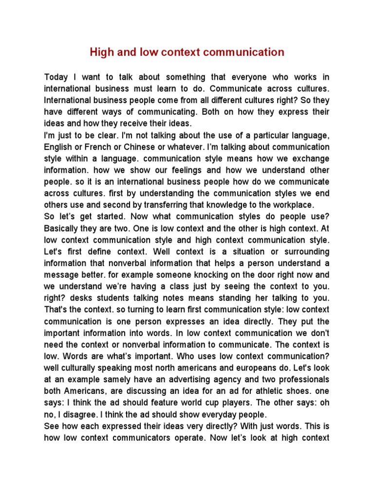 High and Low Context Communication | PDF | Communication | Nonverbal ...