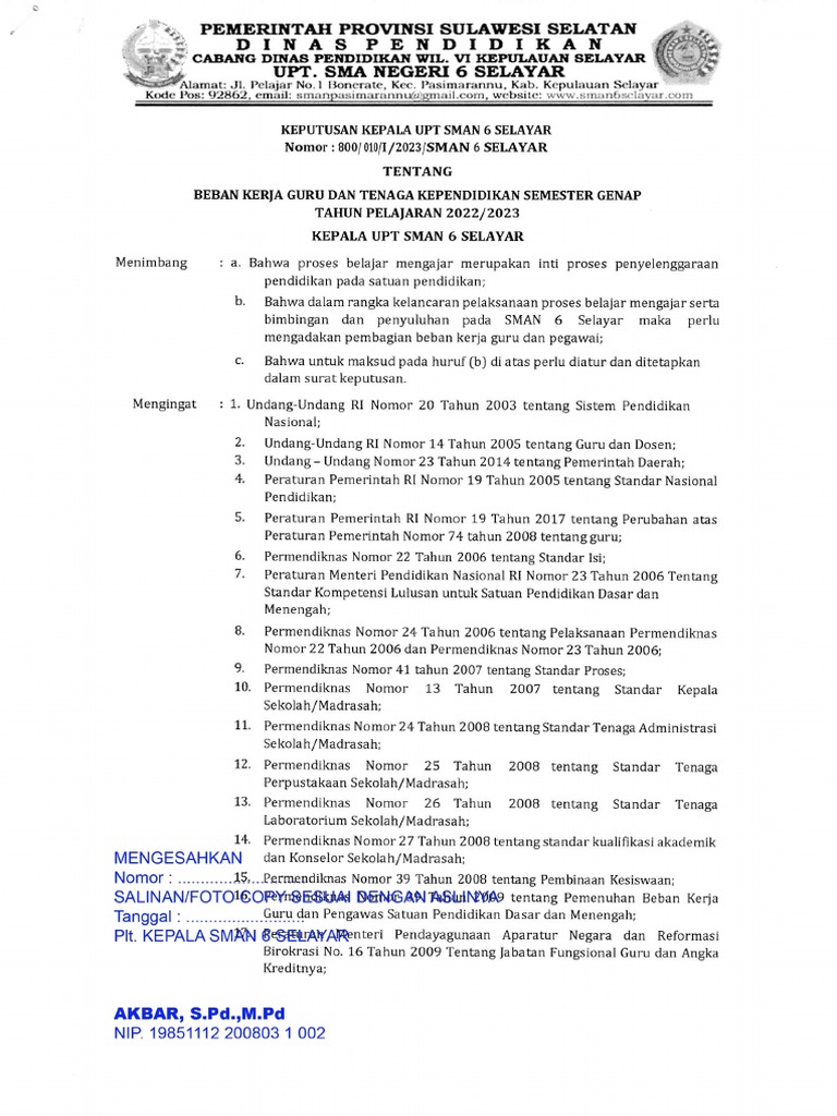 SK Beban Kerja Guru 2022-2023 | PDF