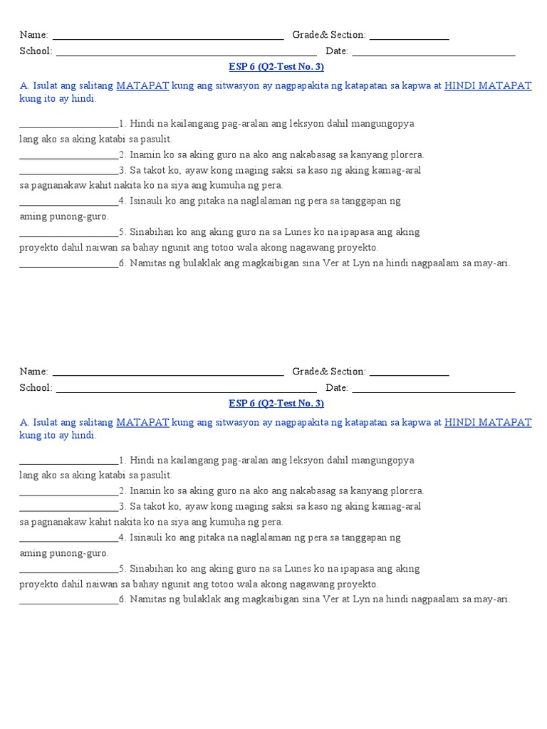ESP 6 - Q2 - Test No 3 | PDF