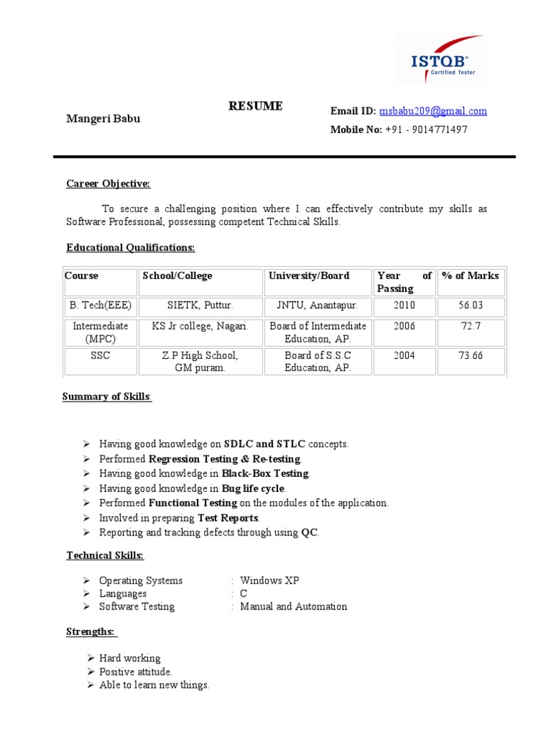 Resume Babu EEE Fresher ISTQB Certified | PDF | Software Testing ...