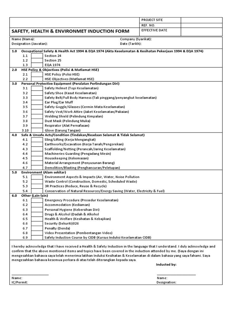 Safety INDUCTION FORM | PDF | Safety | Natural Environment
