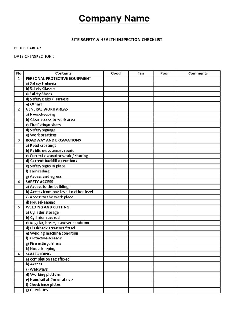 Site Inspection Checklist | PDF | Safety | Manufactured Goods