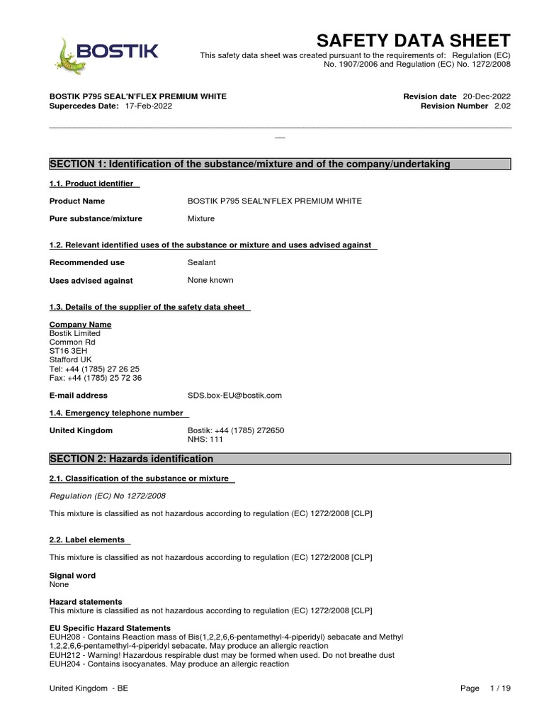 SDS Bostik P795 Seal N Flex FC Premium | PDF | Toxicity | Chemistry