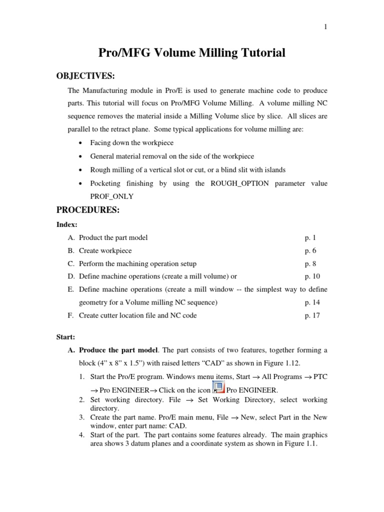 Pro/MFG Volume Milling Tutorial: Objectives | PDF | Numerical Control | Machining