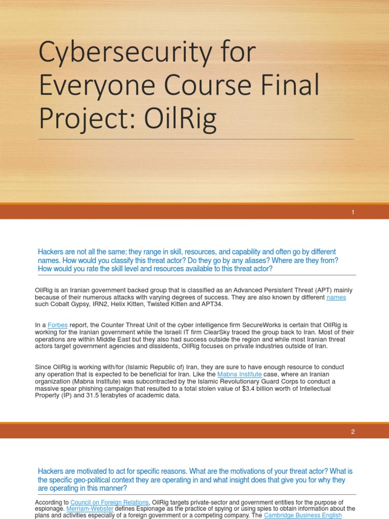 Cybersecurity For Everyone Course Final Project: Oilrig | PDF | Malware | Computer Security
