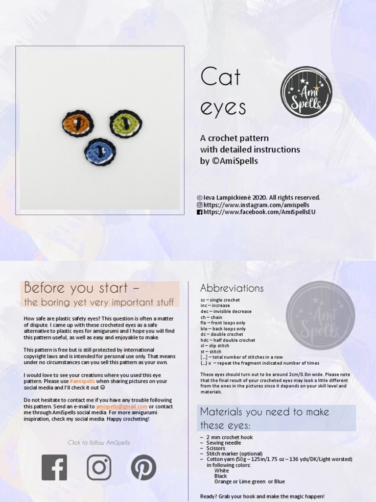 Cat Eyes Free Crochet Pattern by AmiSpells | PDF | Embroidery | Crochet
