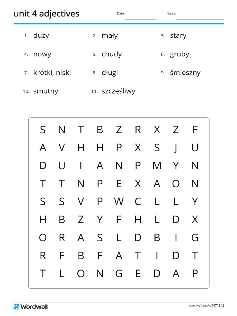 Unit 4 Adjectives - Wordsearch | PDF